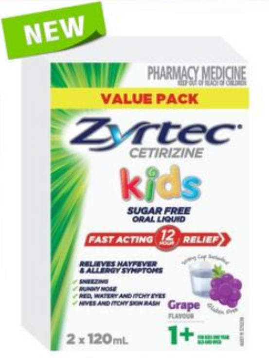 Zyrtec Kids Fast Acting Allergy & Hayfever Relief Grape Flavour Oral L ...