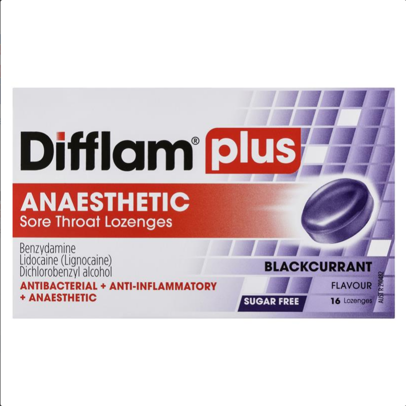 Difflam Plus Anaesthetic Sore Throat Lozenges Blackcurrant Flavour 16 ...