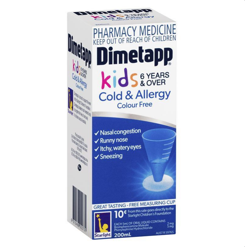 Dimetapp Kids 6 Years & Over Cold and Allergy Colour Free 200mL (Limit ...