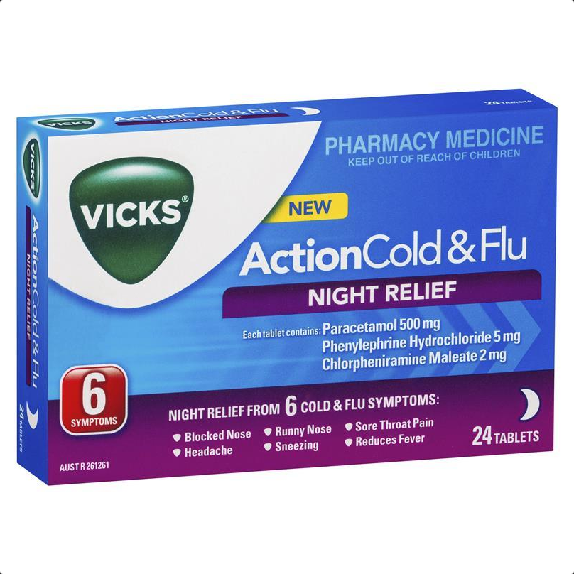 Vicks Action Cold and Flu Night Relief 24 Pack – Better Value Pharmacy